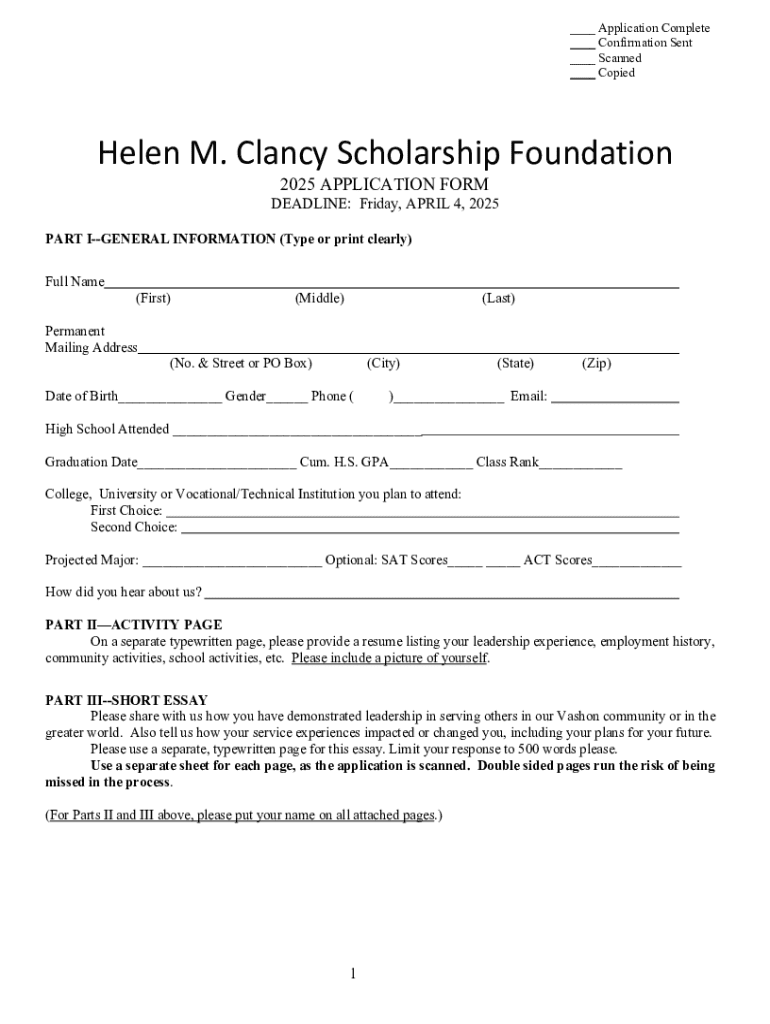 Fillable Online Helen M. Clancy Scholarship Foundation Application Form ...