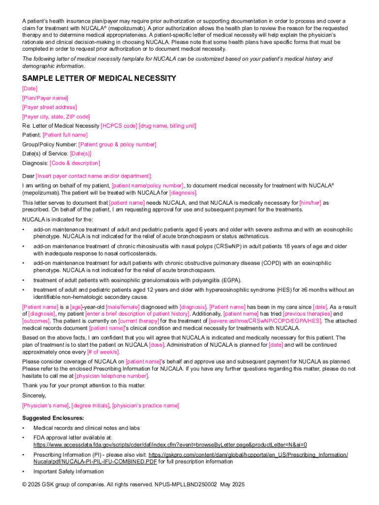 Fillable Online Letter of Medical Necessity for Nucala® Fax Email Print ...