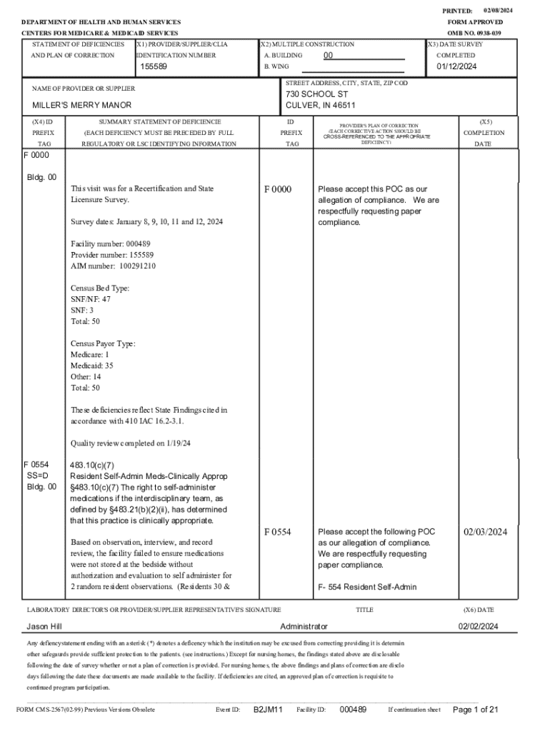 Fillable Online Statement of Deficiencies and Plan of Correction Fax ...