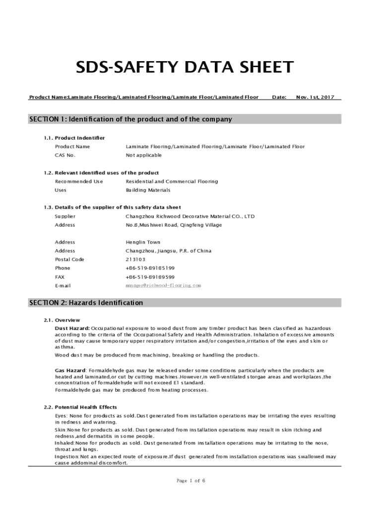 Fillable Online Safety Data Sheet for Laminate Flooring Fax Email Print - pdfFiller