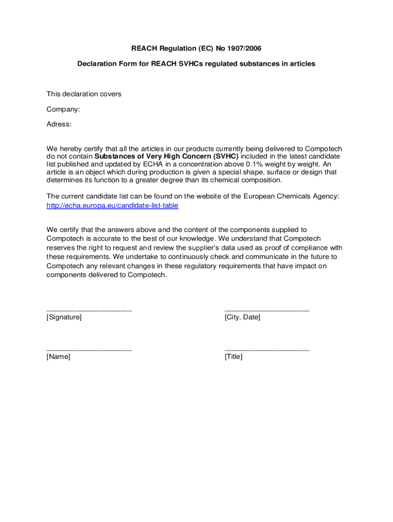 Fillable Online Declaration Form for Reach Svhcs Regulated Substances ...