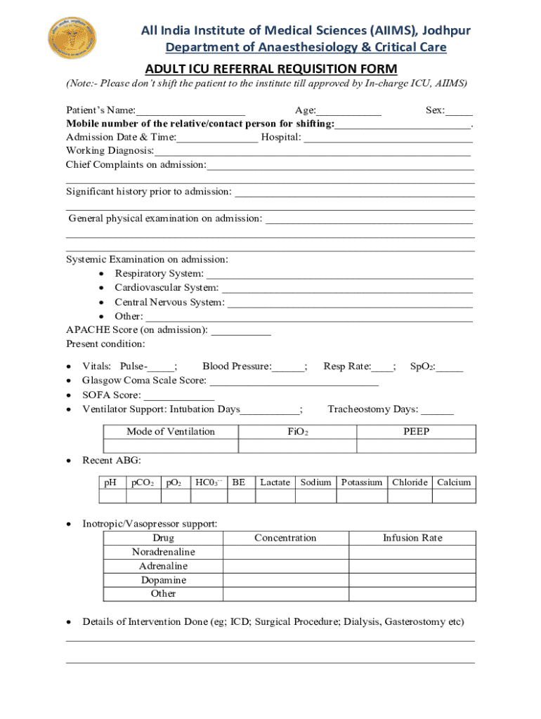 Fillable Online Adult Icu Referral Requisition Form Fax Email Print ...