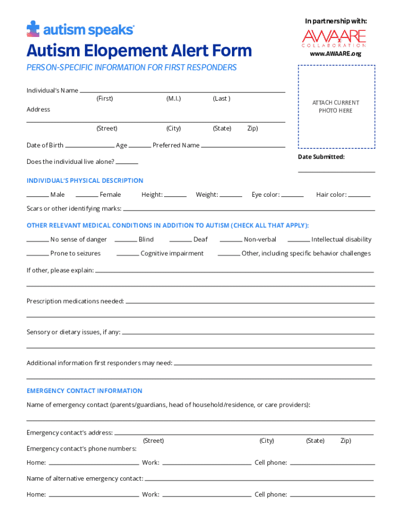 Fillable Online Autism Elopement Alert Form Fax Email Print - pdfFiller