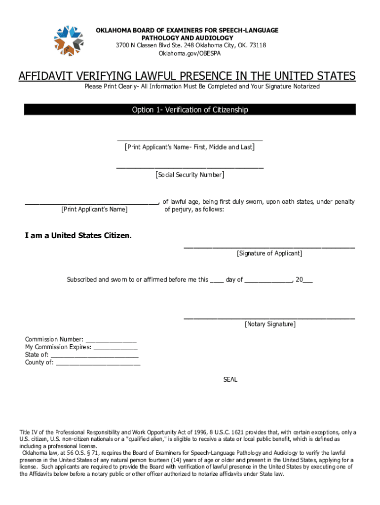 Fillable Online Affidavit Verifying Lawful Presence Fax Email Print - pdfFiller