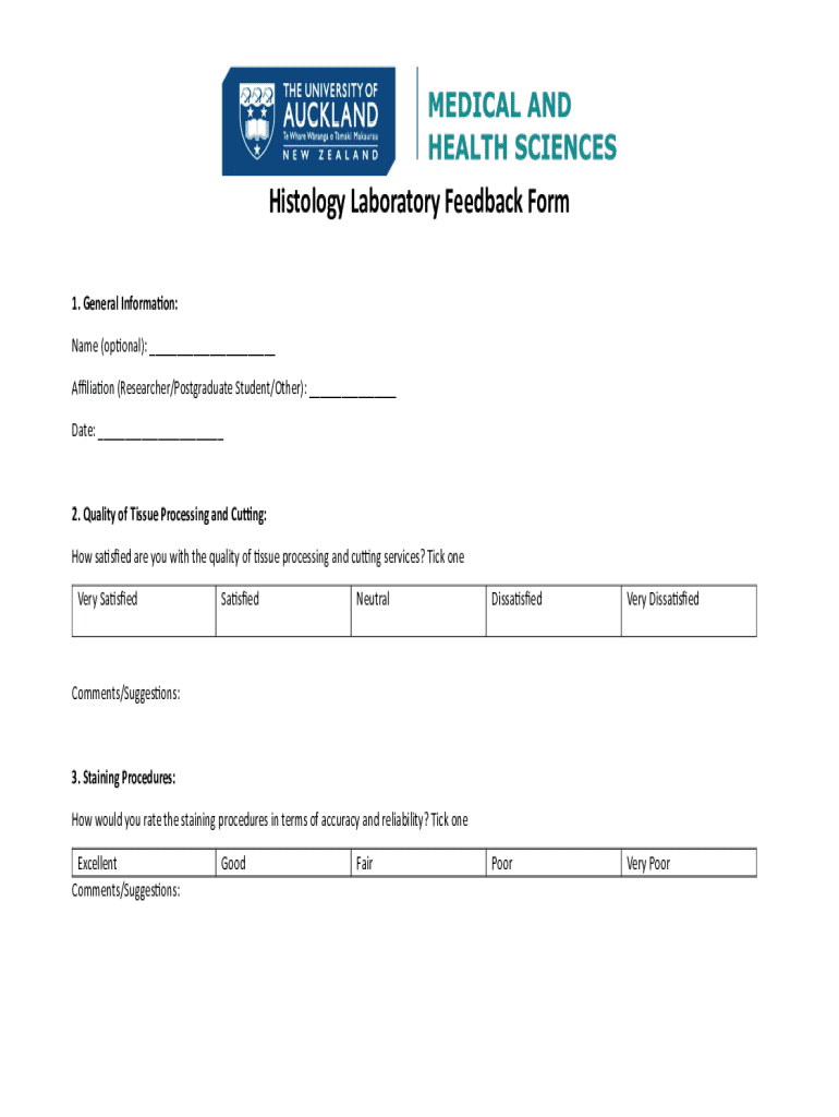 Fillable Online Histology Laboratory Feedback Form Fax Email Print ...