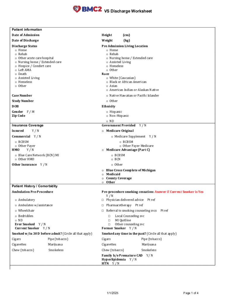 Fillable Online Vs Discharge Worksheet Fax Email Print - pdfFiller