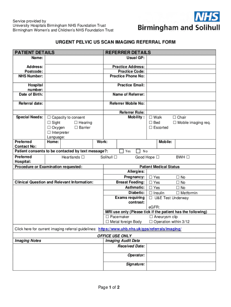 Fillable Online Urgent Pelvic Us Scan Imaging Referral Fax Email Print ...