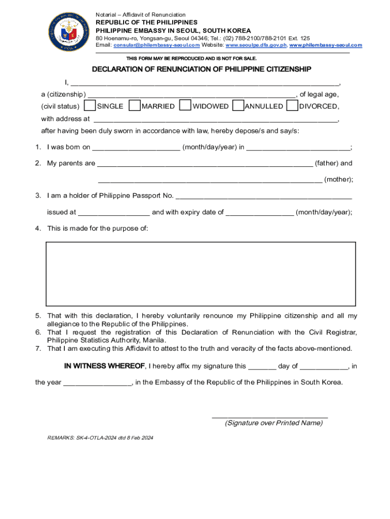 Fillable Online Declaration of Renunciation of Philippine Citizenship ...