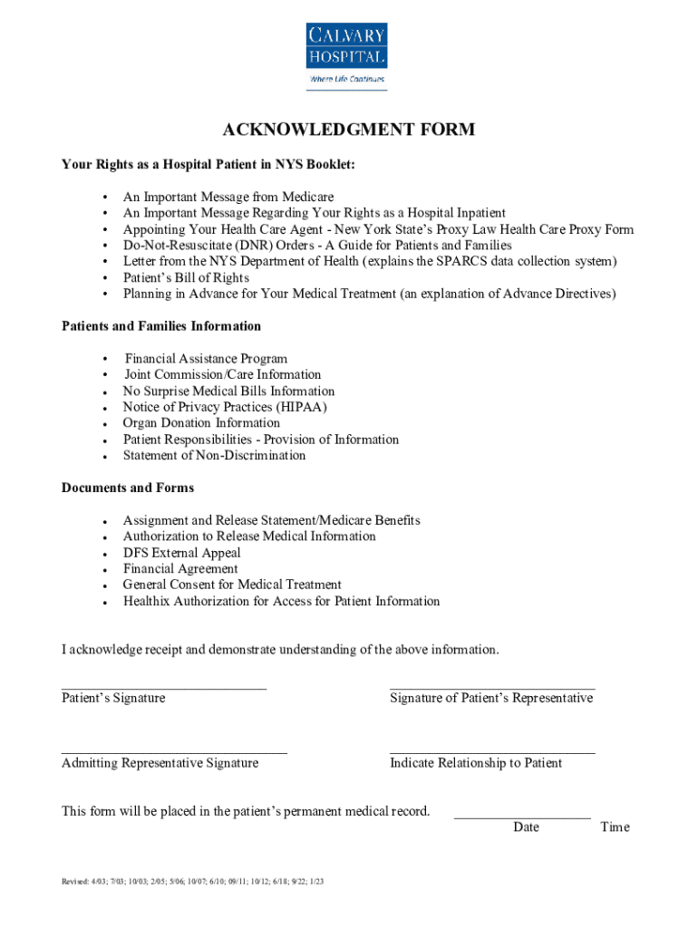 Fillable Online Acknowledgment of Patient Rights and Information Fax Email Print - pdfFiller