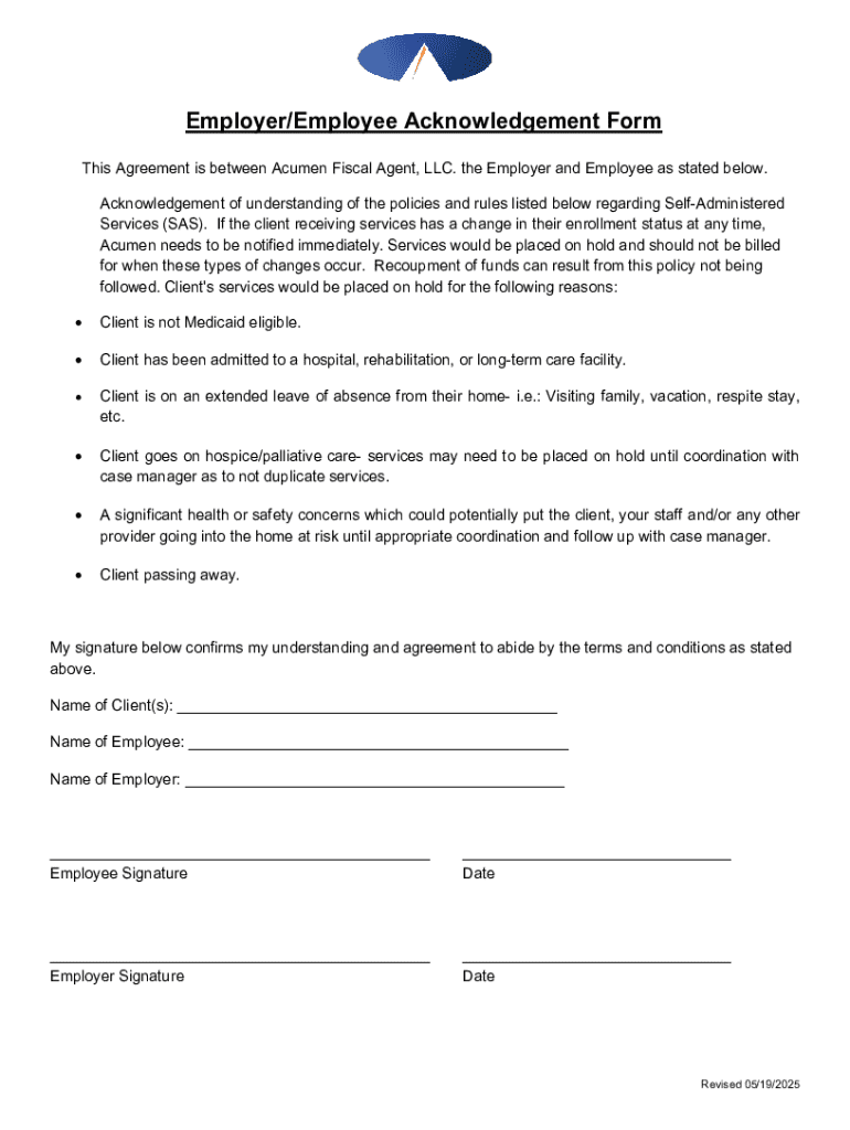 Fillable Online Employer/employee Acknowledgement Form Fax Email Print ...