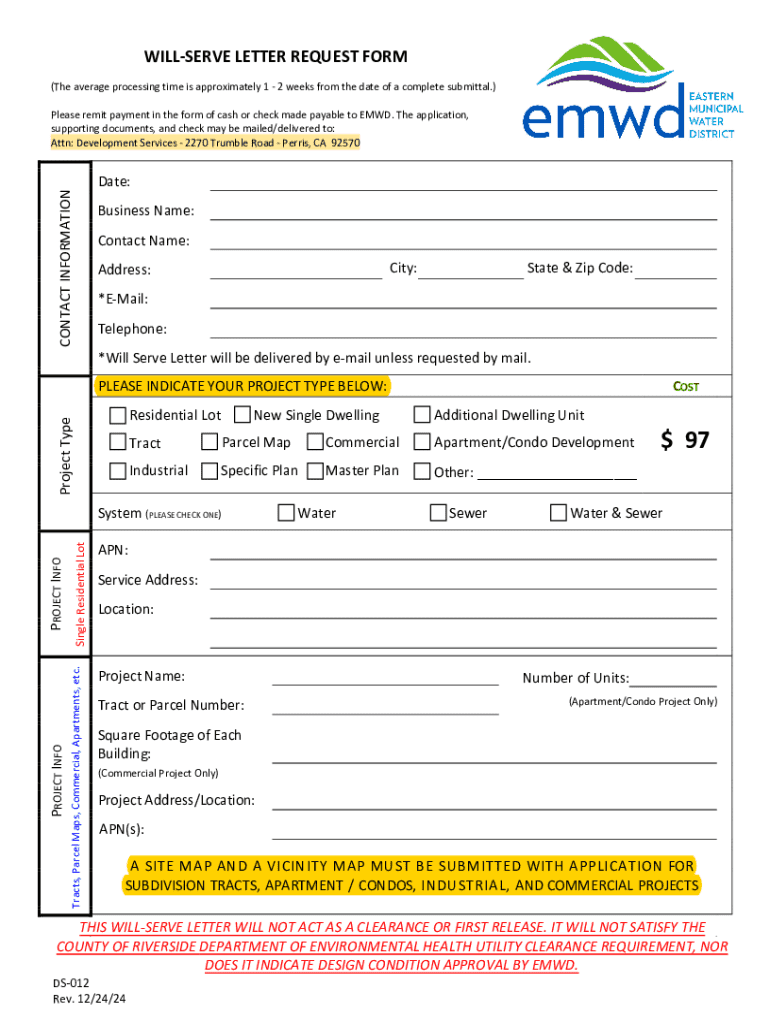 Fillable Online Will-serve Letter Request Fax Email Print - pdfFiller