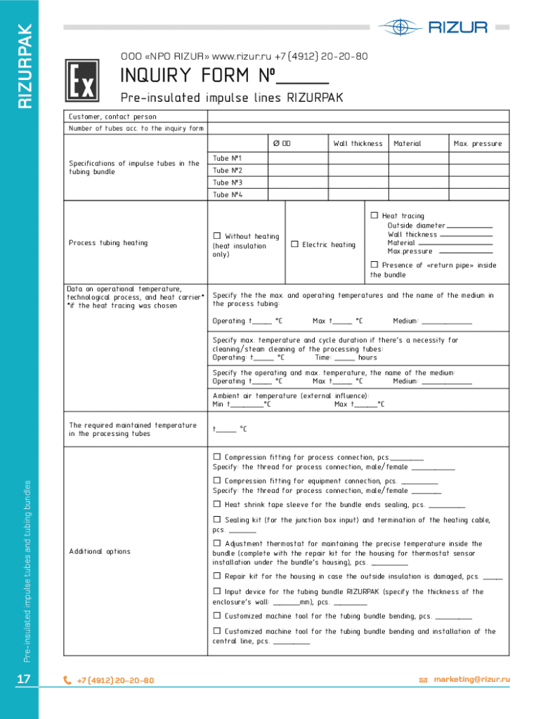 Fillable Online Inquiry Form for Pre-insulated Impulse Lines Rizurpak ...