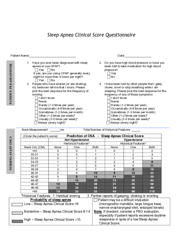 Fillable Online Preoperative Questionnaire / Sleep Evaluation Fax Email ...