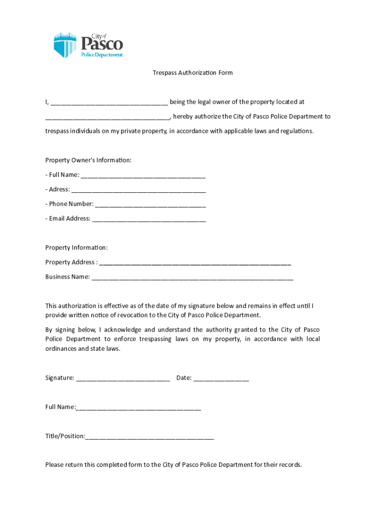 Fillable Online Trespass Authorization Form Fax Email Print - pdfFiller