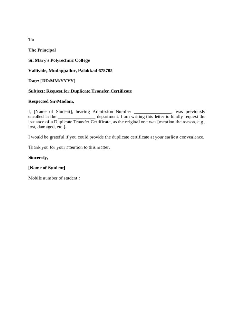 Request Letter for Duplicate Transfer Certificate from School Doc ...