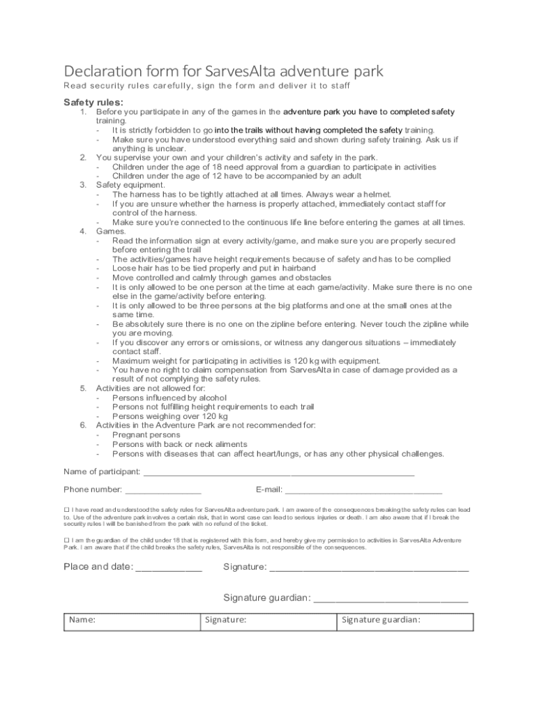 Fillable Online Declaration for Participation in Sarvesalta Adventure ...