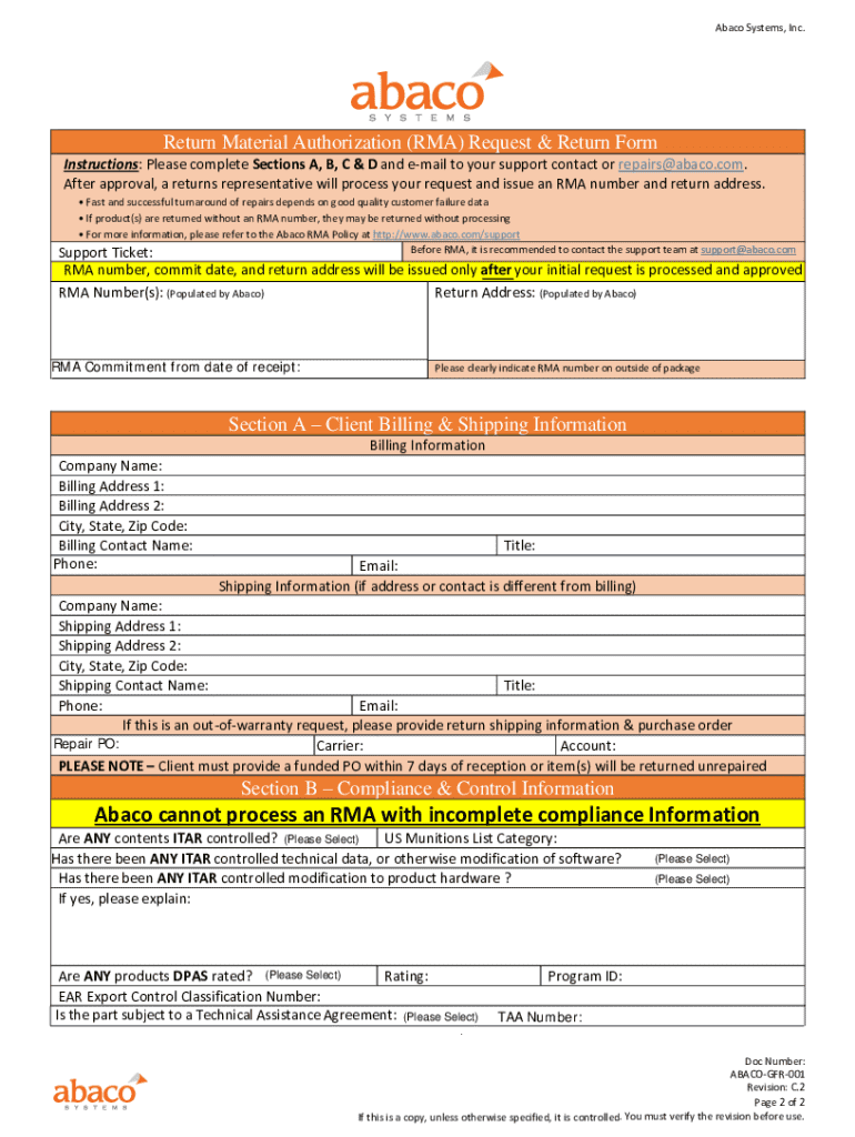 Fillable Online Return Material Authorization (rma) Request & Return ...