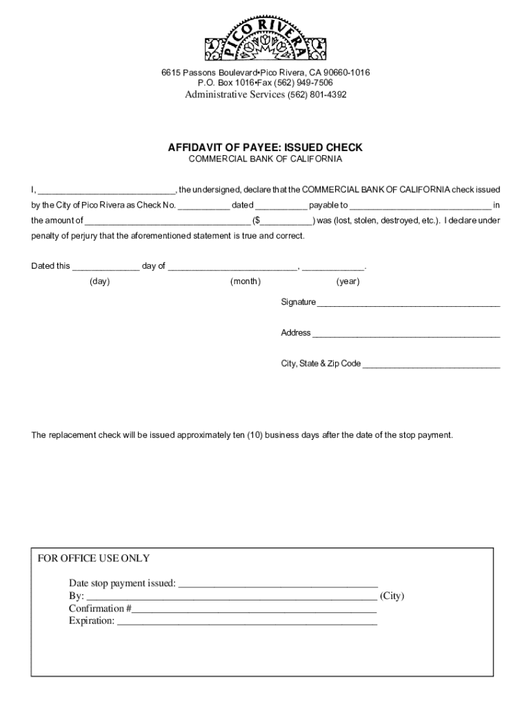 Fillable Online Affidavit of Payee for Lost, Stolen, or Destroyed Check Fax Email Print - pdfFiller