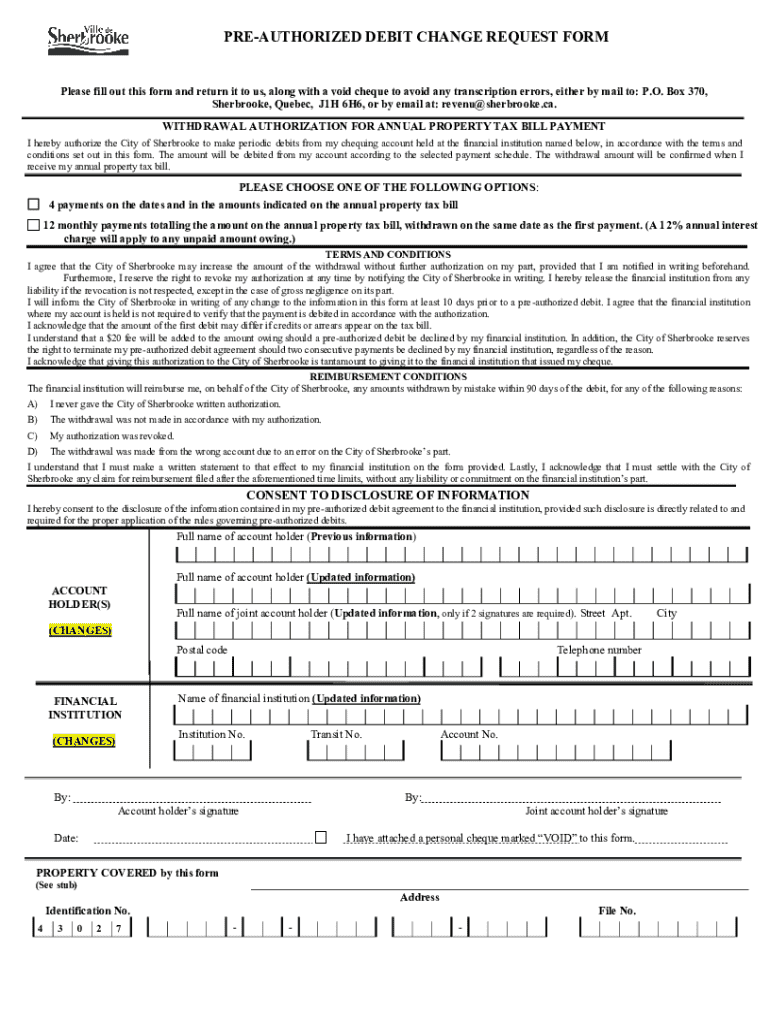 Fillable Online Pre-authorized Debit Change Request for Property Tax Bill Payment Fax Email ...