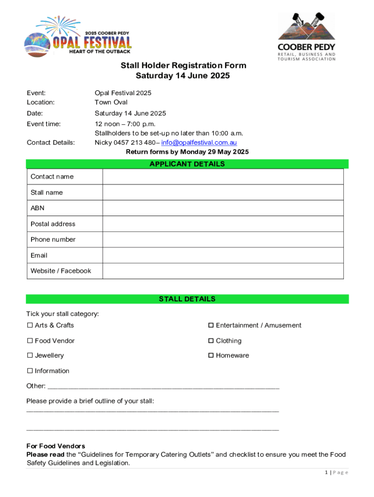 Fillable Online Stall Holder Registration for Opal Festival 2025 Fax ...