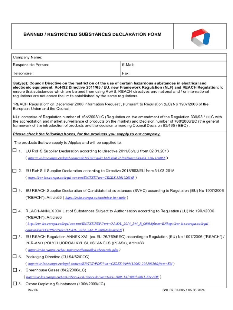 Fillable Online Banned / Restricted Substances Declaration Fax Email ...