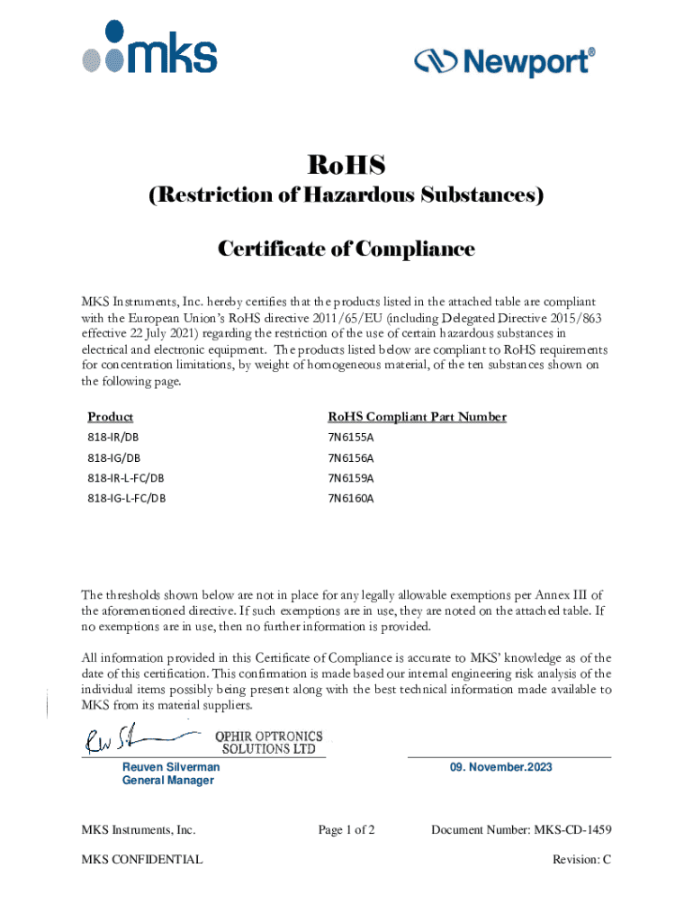Fillable Online Rohs Certificate of Compliance Fax Email Print - pdfFiller