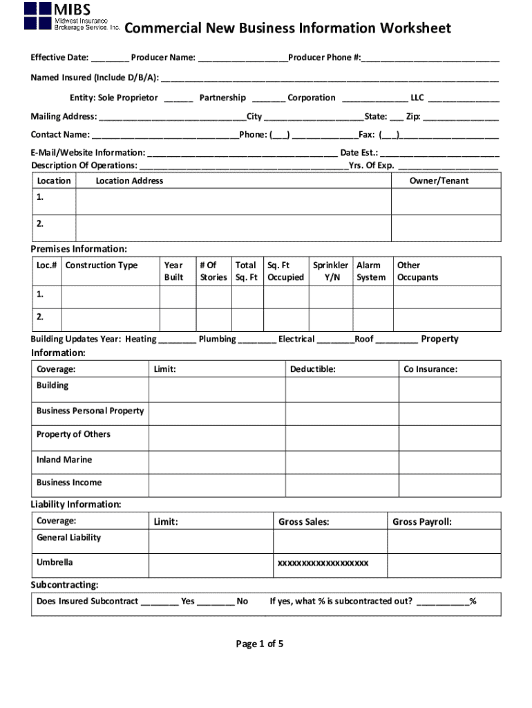 Fillable Online Commercial New Business Information Worksheet Fax Email ...