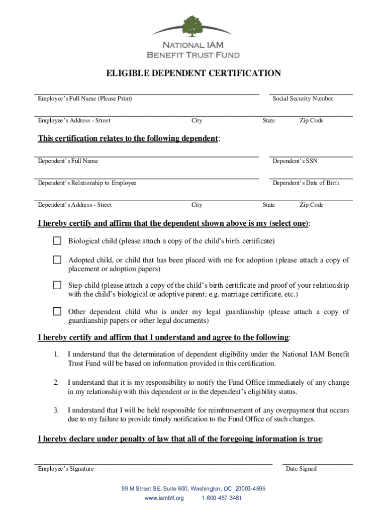 Fillable Online Eligible Dependent Certification Fax Email Print - pdfFiller