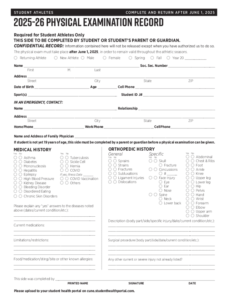 Fillable Online Physical Examination Record for Student Athletes Fax ...
