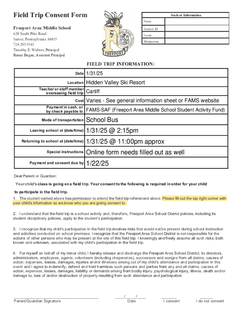 Fillable Online Field Trip Consent Form Fax Email Print - pdfFiller