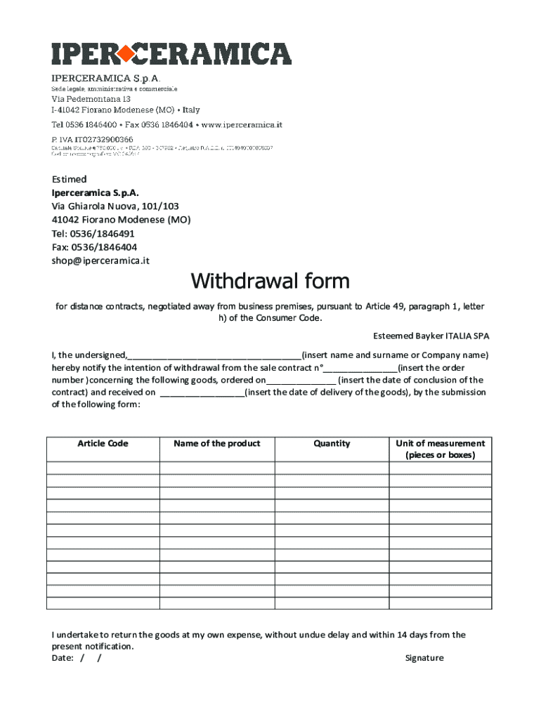 Fillable Online Withdrawal Form for Distance Contracts Fax Email Print ...