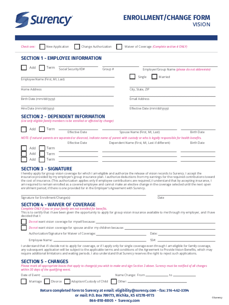 Fillable Online Vision Enrollment/change Form Fax Email Print - pdfFiller