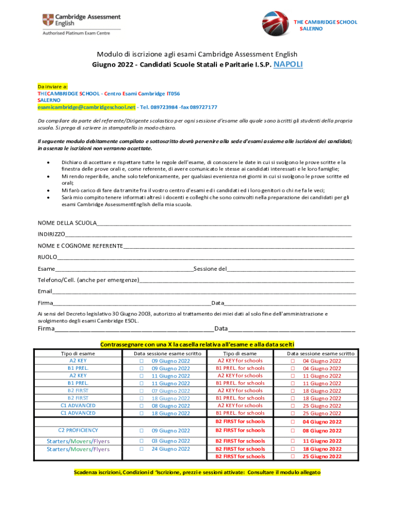Compilabile Online Iscrizione Esami Cambridge Assessment English Fax Email Stampa - pdfFiller