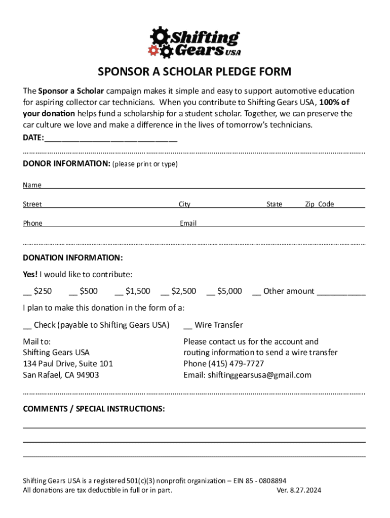 Fillable Online Sponsor a Scholar Pledge Form Fax Email Print - pdfFiller