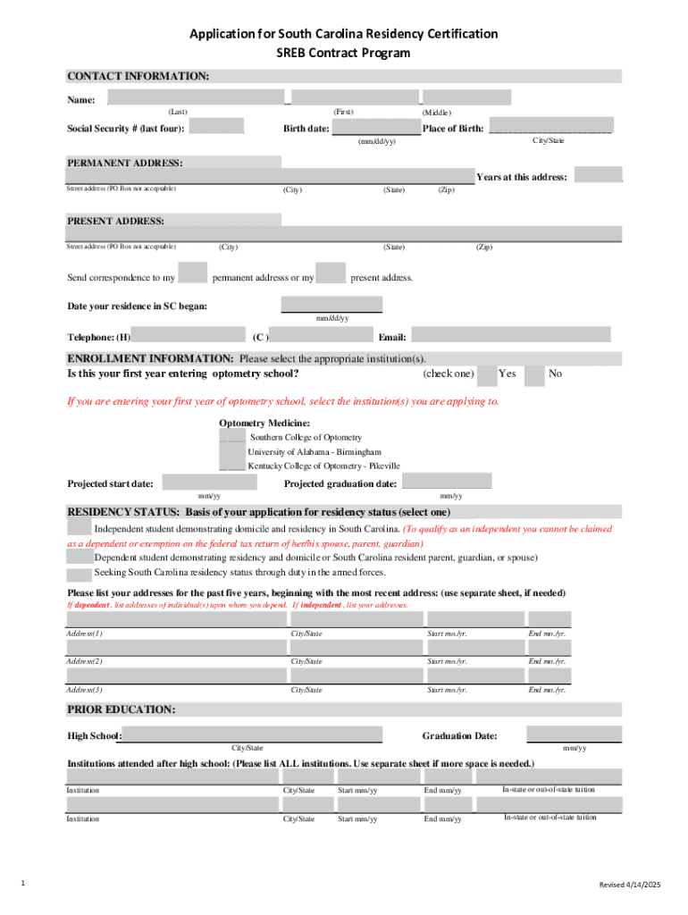 Fillable Online Application for South Carolina Residency Certification ...