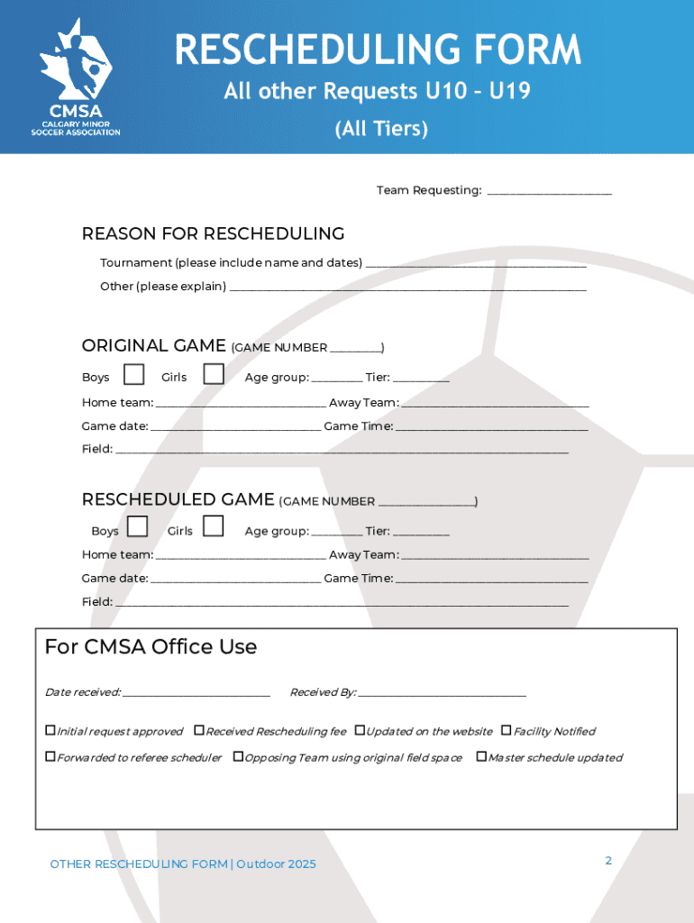 Fillable Online Rescheduling Form All Other Requests U10 – U19 Fax ...