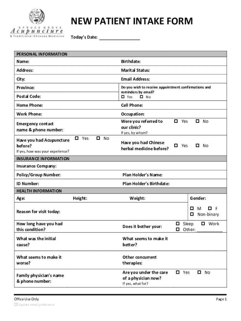 Fillable Online New Patient Intake Form Fax Email Print - pdfFiller