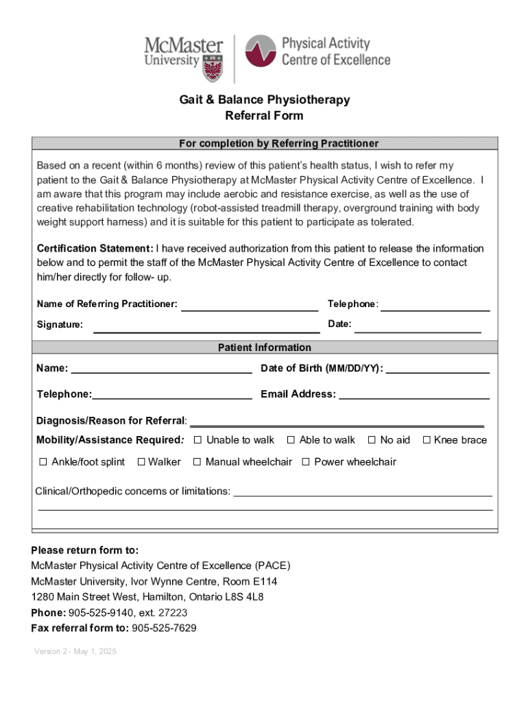 Fillable Online Gait & Balance Physiotherapy Referral Form Fax Email ...