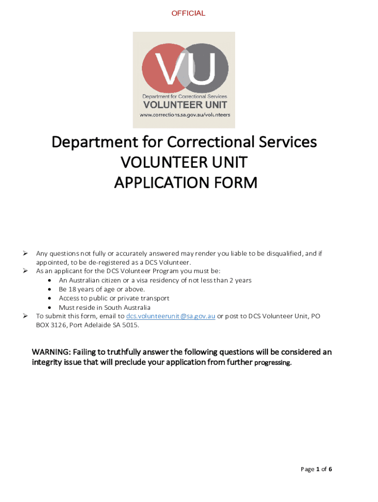 Fillable Online Department for Correctional Services Volunteer Unit ...