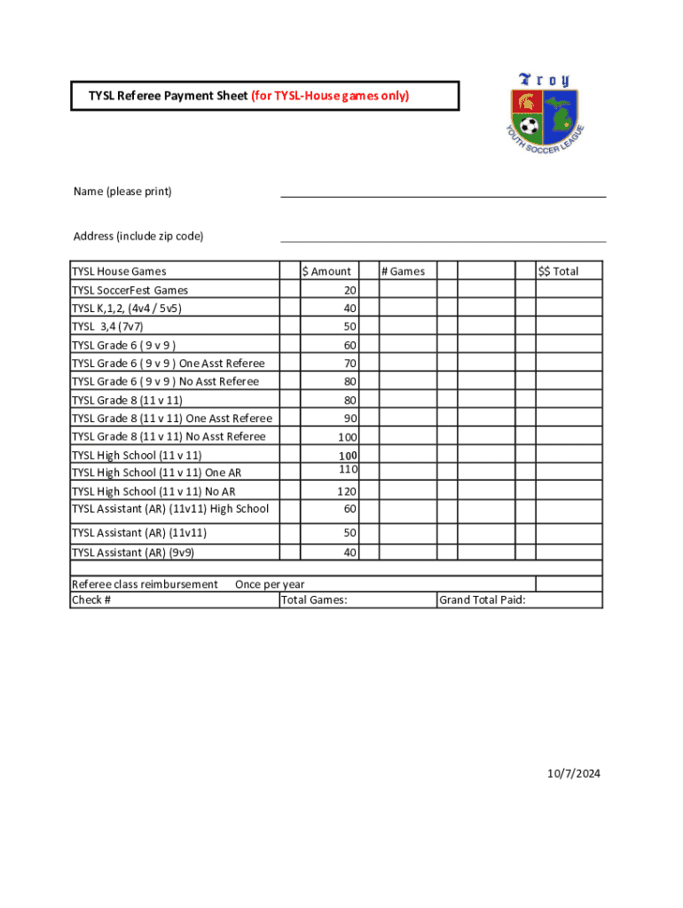 Fillable Online Tysl Referee Payment Sheet (for Tysl-house Games Only ...