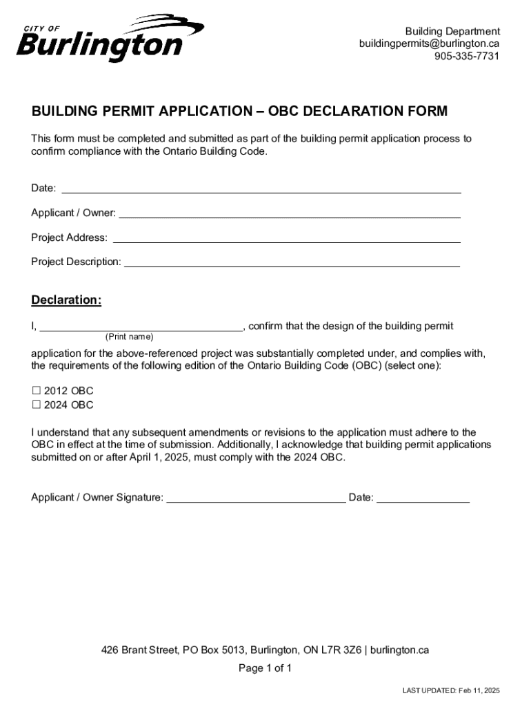 Fillable Online Building Permit Application – Obc Declaration Fax Email ...