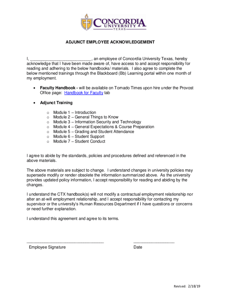 Fillable Online Adjunct Employee Acknowledgement Fax Email Print ...