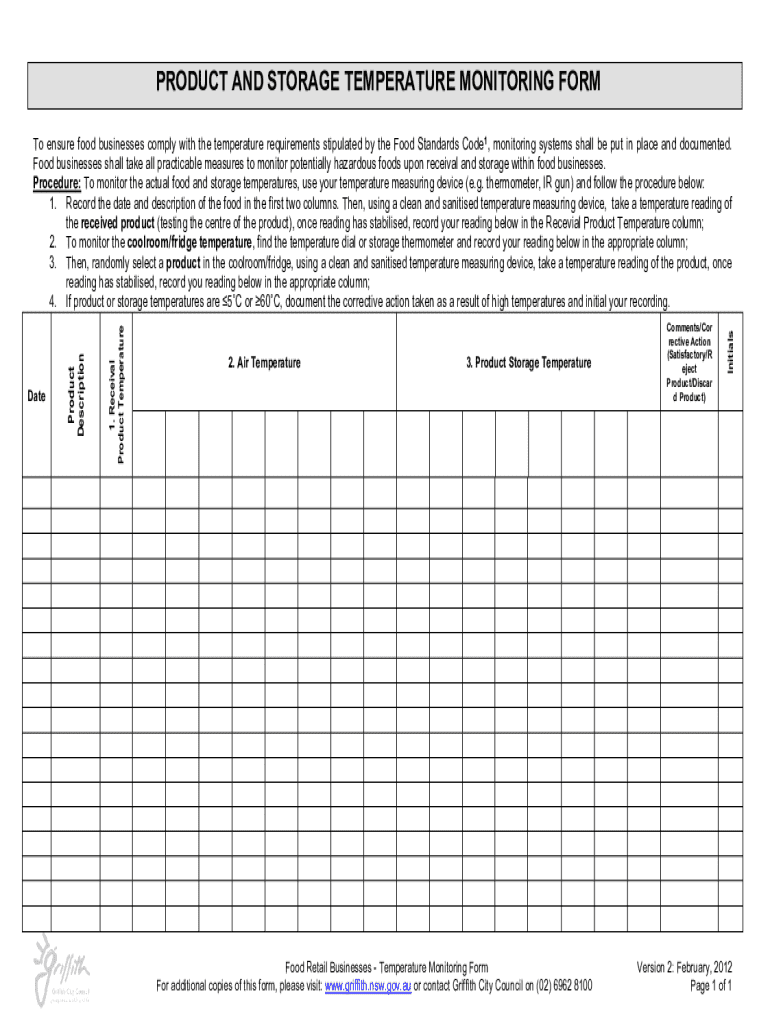 Fillable Online Food Retail Businesses - Temperature Monitoring Form ...