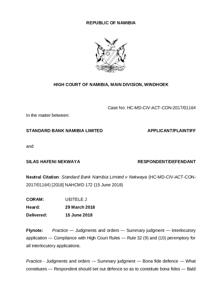 Fillable Online Standard Bank Namibia Limited V Silas Hafeni Nekwaya ...
