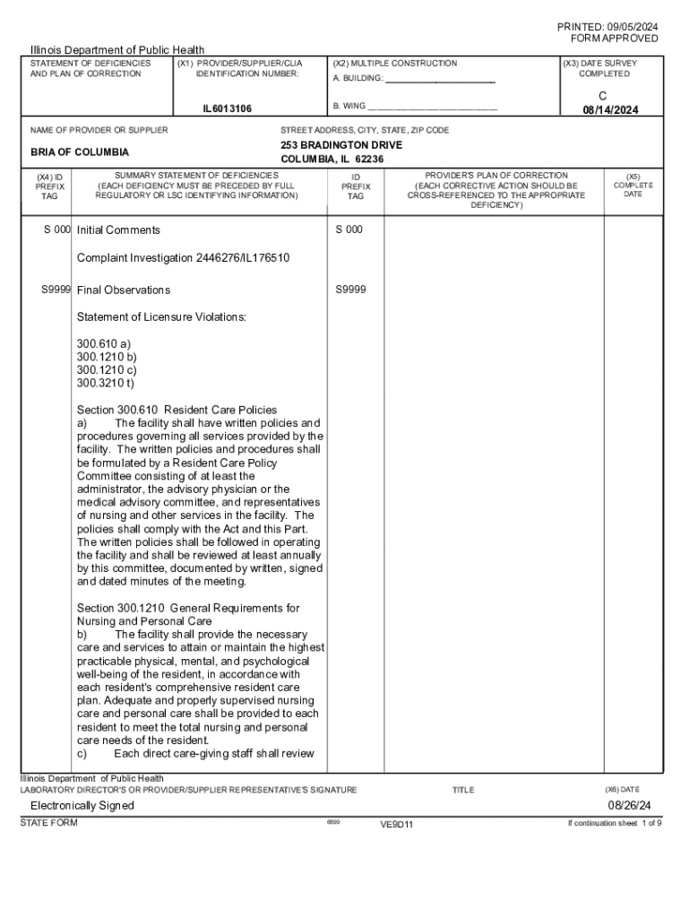 Fillable Online Statement of Deficiencies and Plan of Correction Fax Email Print - pdfFiller