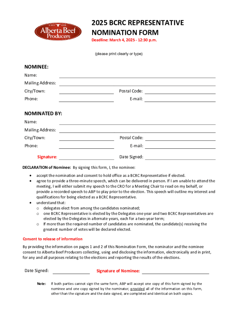 Fillable Online Bcrc Representative Nomination Fax Email Print - pdfFiller