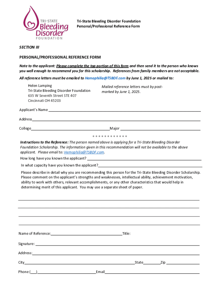 Fillable Online Tri-state Bleeding Disorder Foundation Personal/professional Reference Form Fax ...