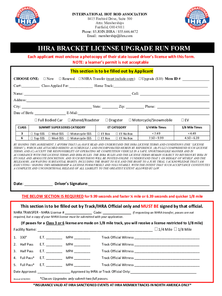 Fillable Online Ihra Bracket License Upgrade Run Form Fax Email Print ...
