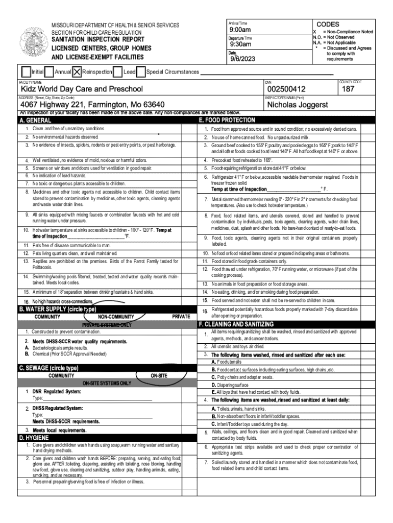 Fillable Online Sanitation Inspection Report - Licensed Centers, Group ...
