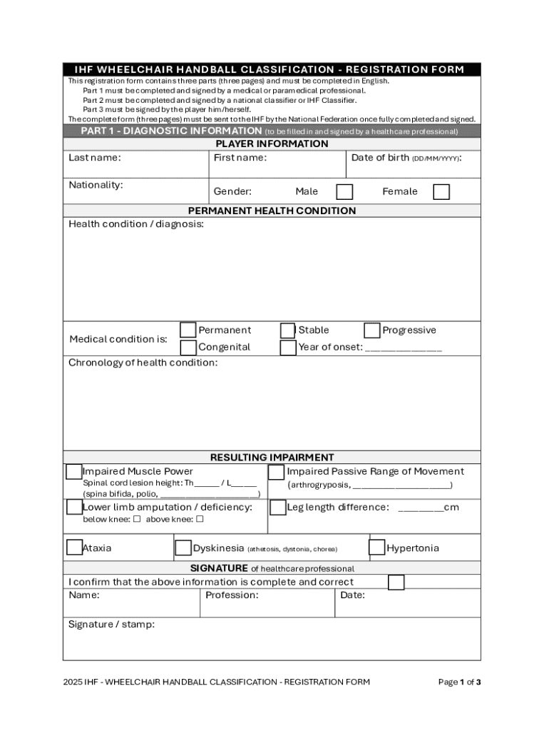 Fillable Online Ihf Wheelchair Handball Classification - Registration ...